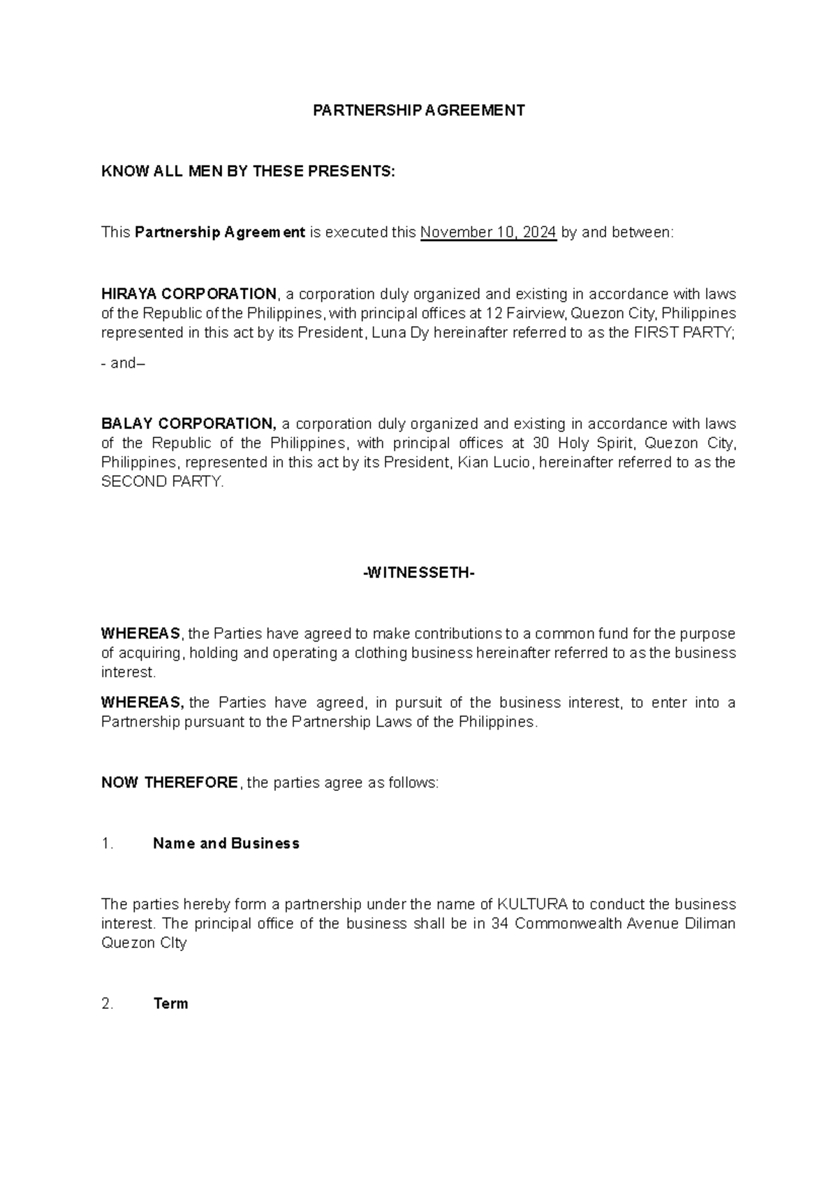 3. Partnership Agreement - WITNESSETH- WHEREAS, the Parties have agreed ...