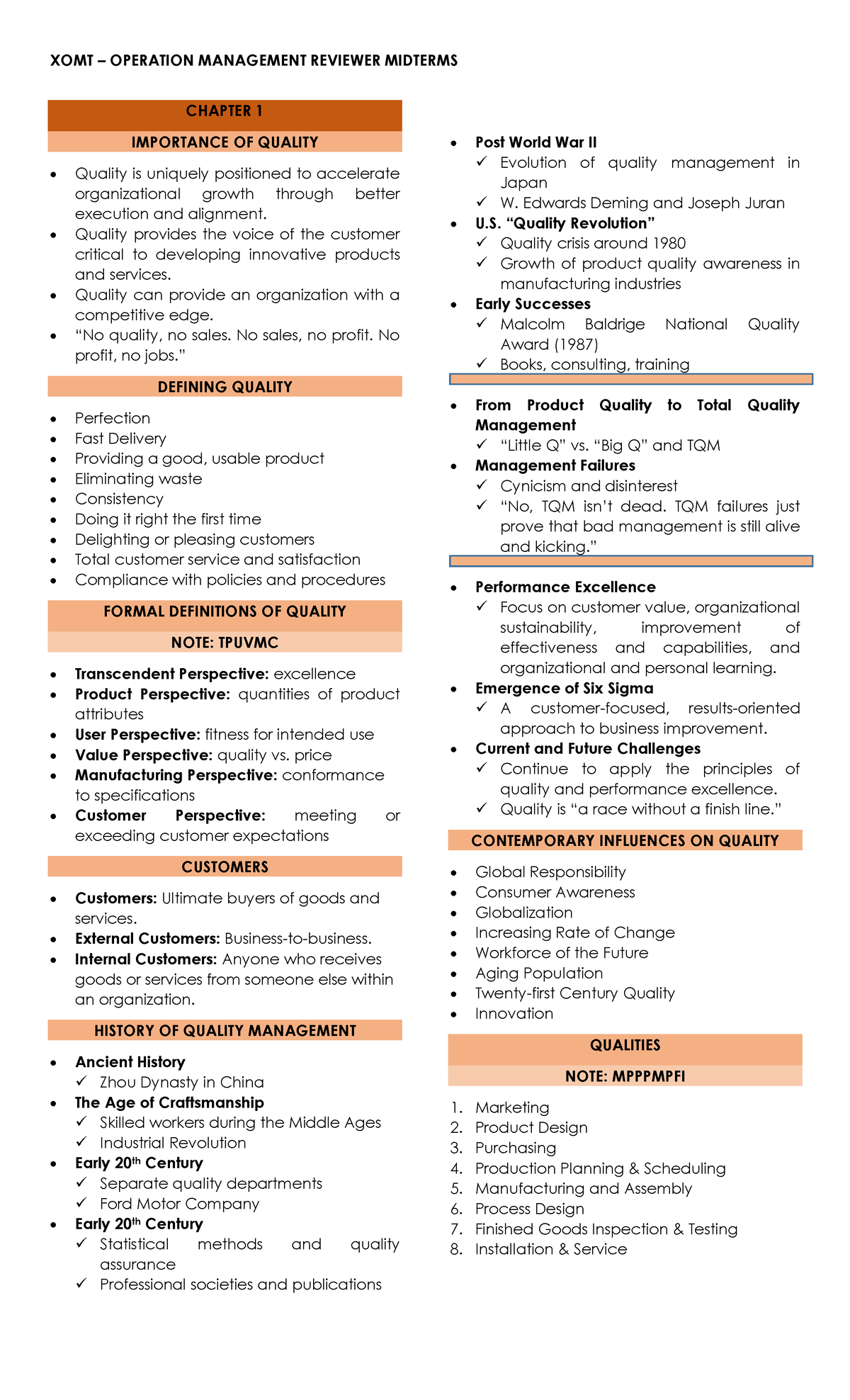 XOMT Operation Management Reviewer Midterms 1 - CHAPTER 1 IMPORTANCE OF ...