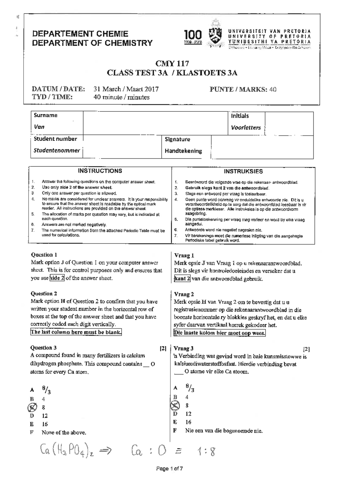 CHEM47 - CHEM- Class TEST 3A 31 - CMY 117 - Studocu