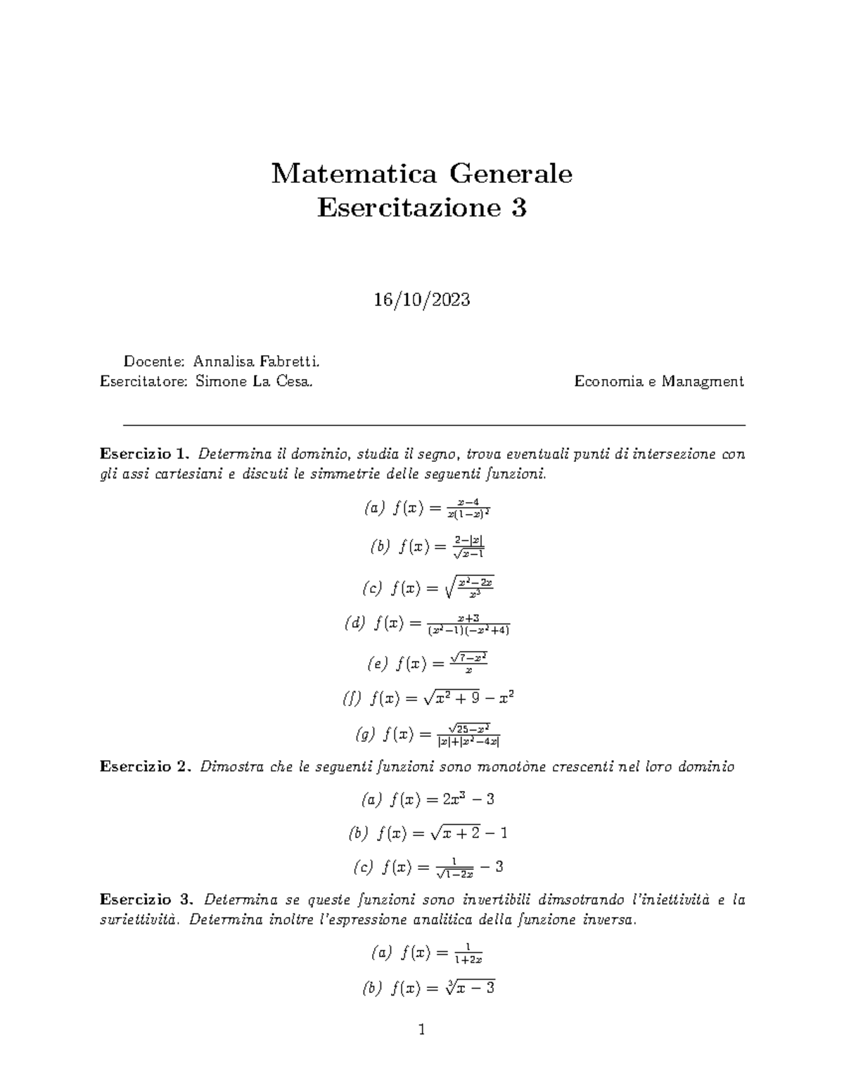 Esercitazione 3 1 2023 10 15 22 10 58 - Matematica Generale Esercitazione 3 16/10/ Docente ...