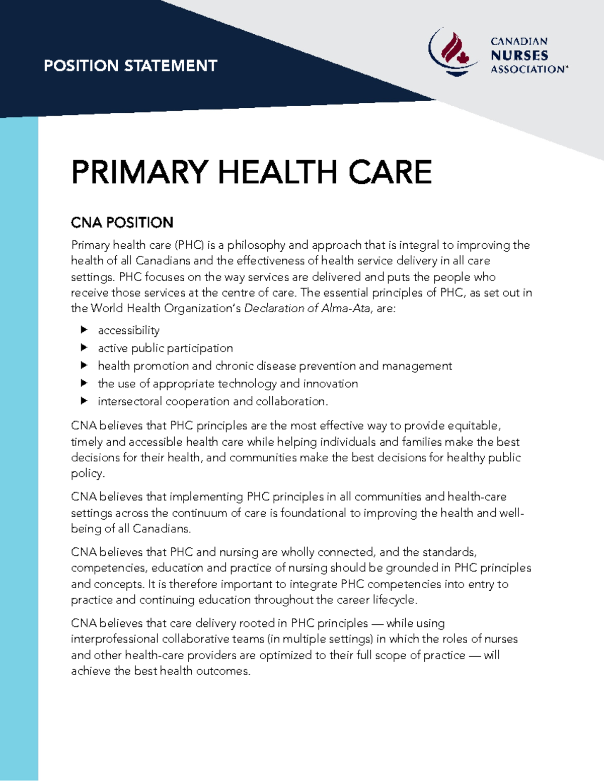 Primary health care position statement - POSITION STATEMENT PRIMARY ...