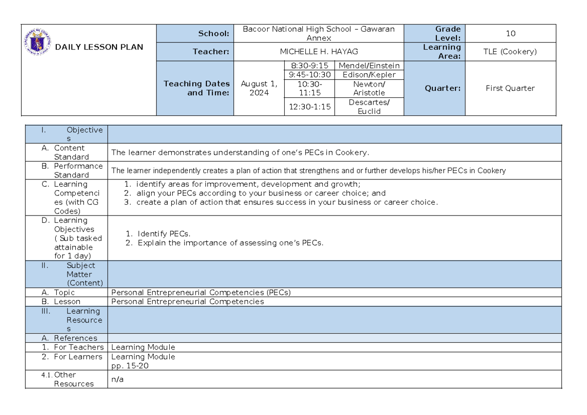 W1D4 PECS - lesson plan - I. Objective s A. Content Standard The ...