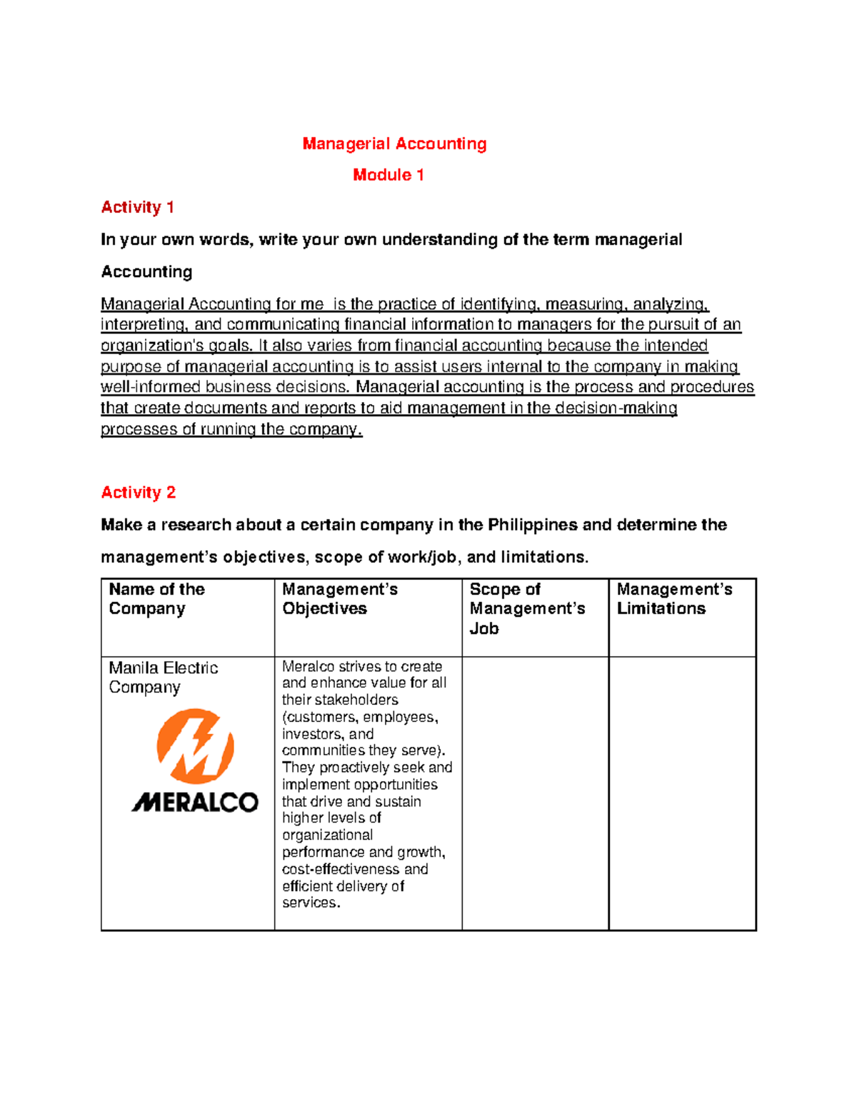 Managerial Accounting - Managerial Accounting Module 1 Activity 1 In ...