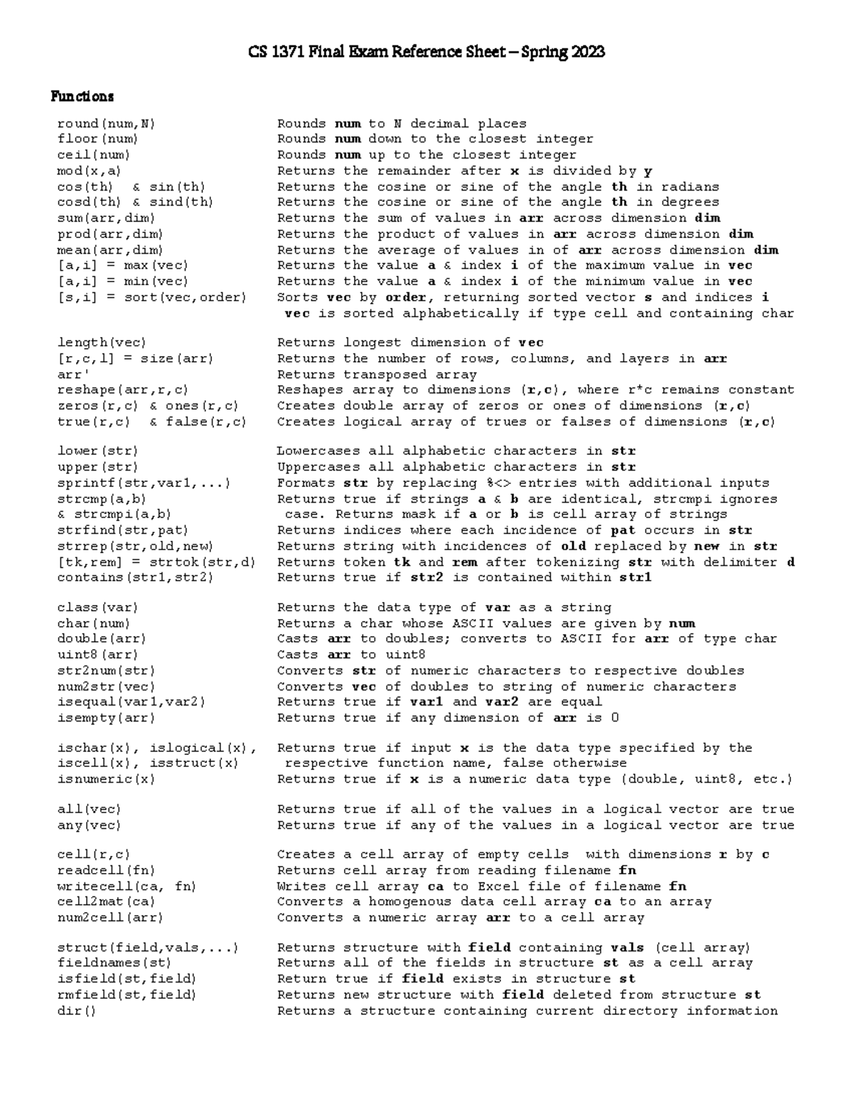 Final Exam Reference Sheet (updated SPR2023) - CS 1371 Final Exam Reference Sheet – Spring 2023 ...