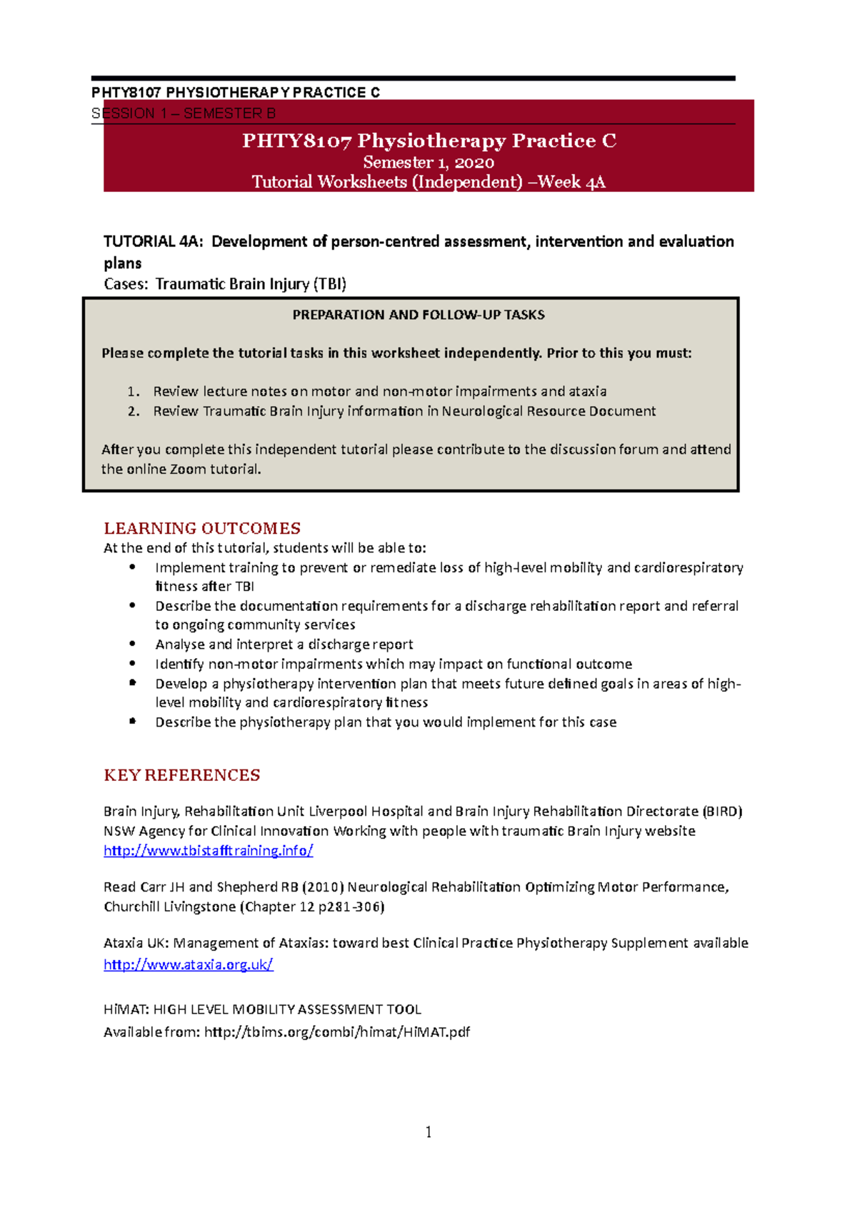 PHTY8107 WK4 T1 - Detailed tutorial notes - PHTY8107 Physiotherapy ...