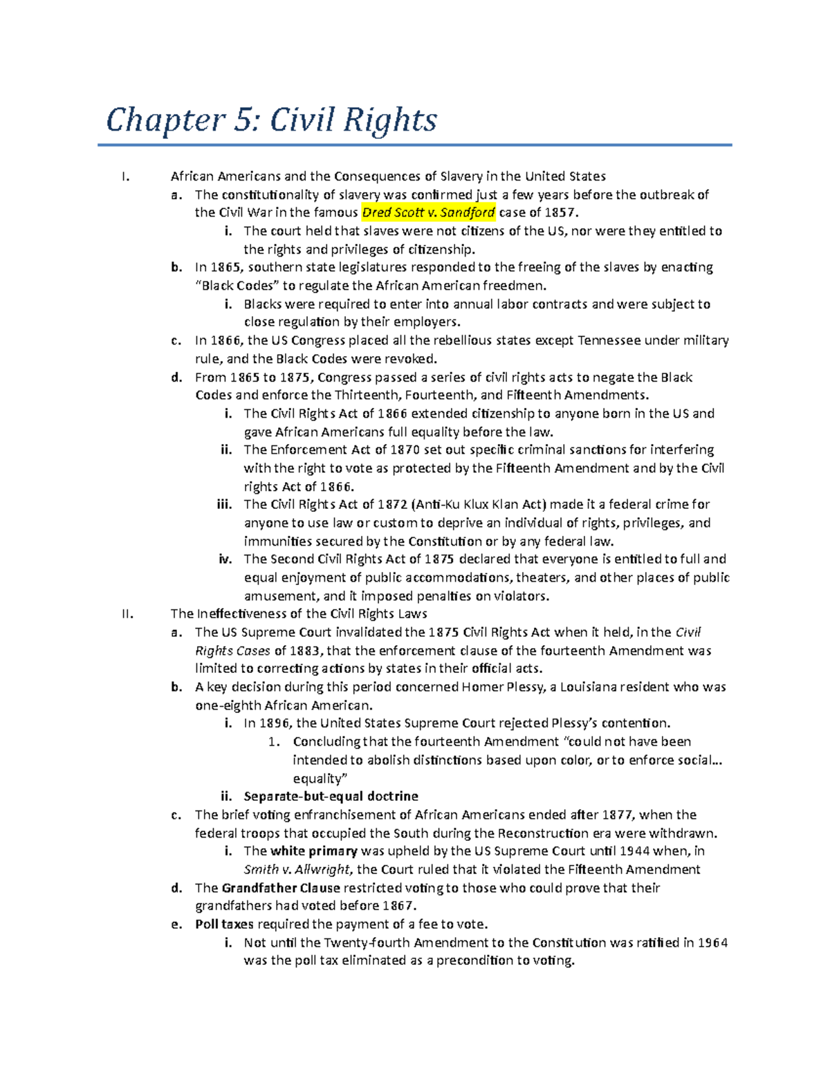 Chapter 5 - Lecture notes 1 - Chapter 5: Civil Rights I. African ...