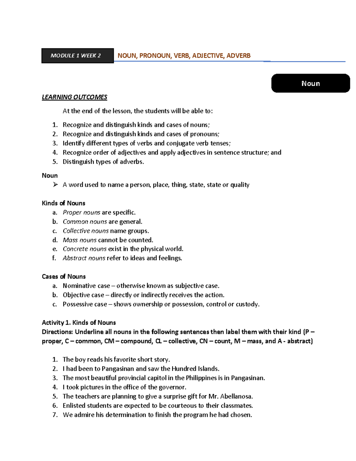 Engfun Module Prelim Pointers - NOUN, PRONOUN, VERB, ADJECTIVE, ADVERB ...