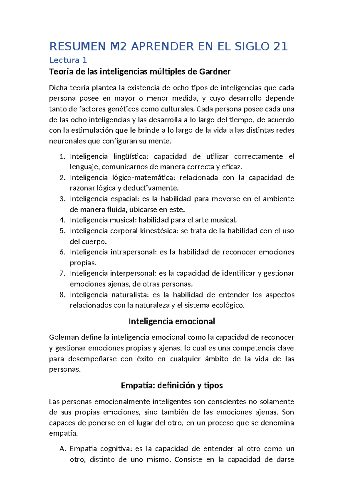 Resumen M2 Aprender en siglo 21 - RESUMEN M2 APRENDER EN EL SIGLO 21 Lectura 1 Teoría de las ...