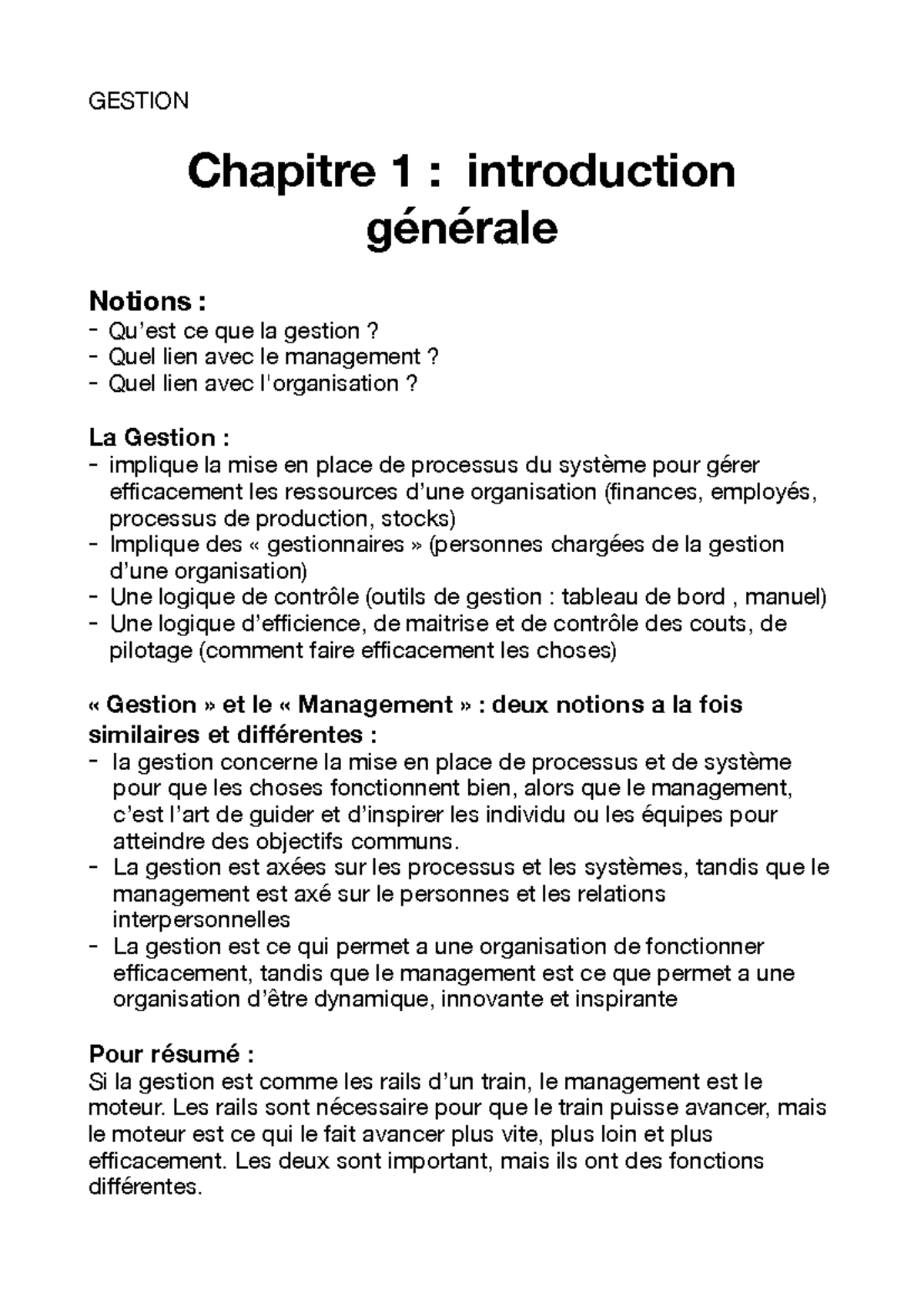 Intro de gestion - GESTION Chapitre 1 : introduction générale Notions : - Qu’est ce que la ...