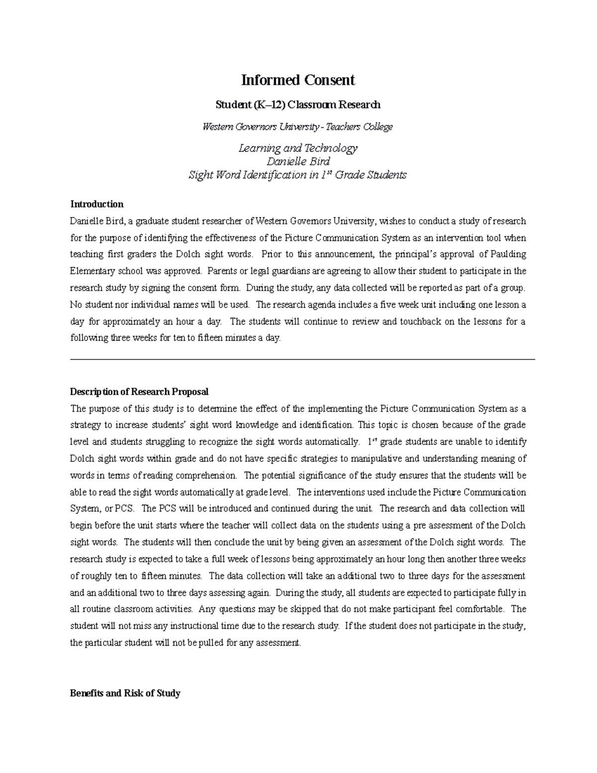 Informed Consent - Capstone - Informed Consent Student (K–12) Classroom ...