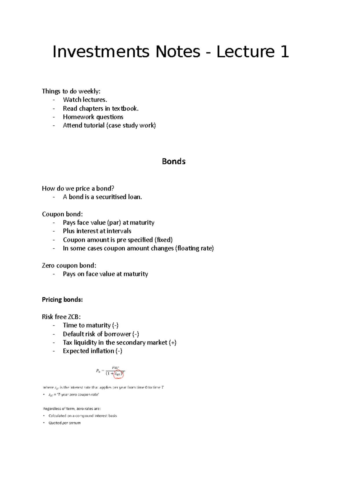 Investments - Lecture 1 - Investments Notes - Lecture 1 Things to do ...