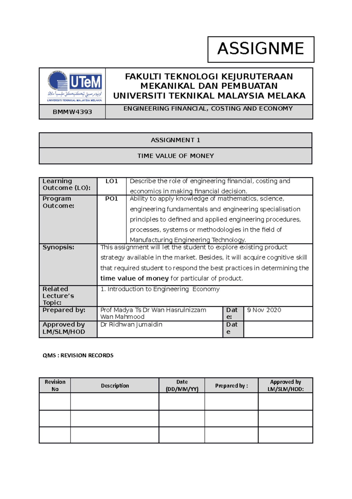 Assignment 1 BMMW4393 WHN 2021 - FAKULTI TEKNOLOGI KEJURUTERAAN ...