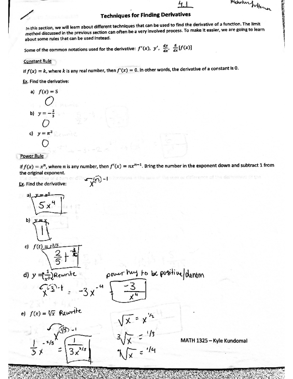 4.1 Techniques for Finding derivatives - MATH 1325 - Studocu