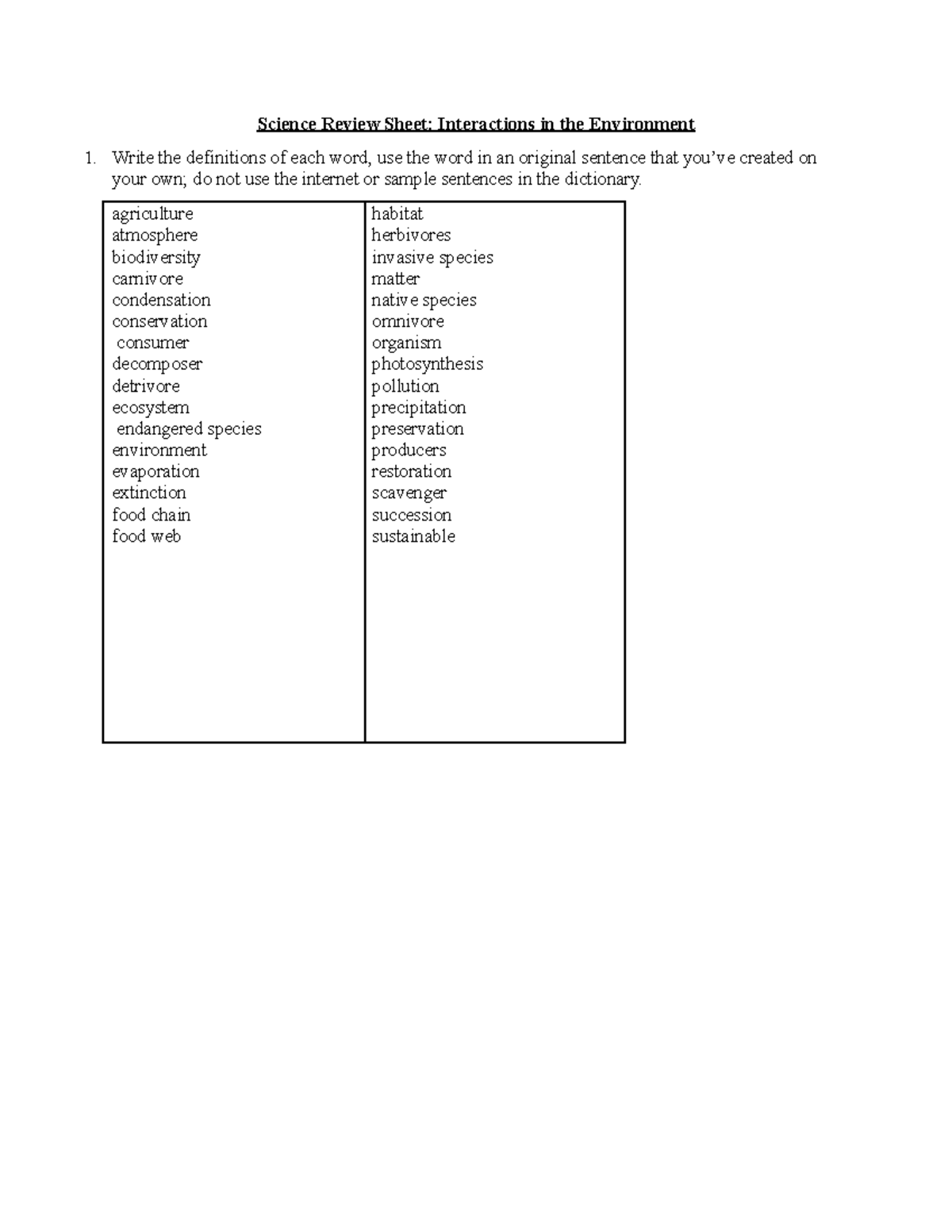 Ecosystems Test Review Sheet - Science G7 - Science Review Sheet ...