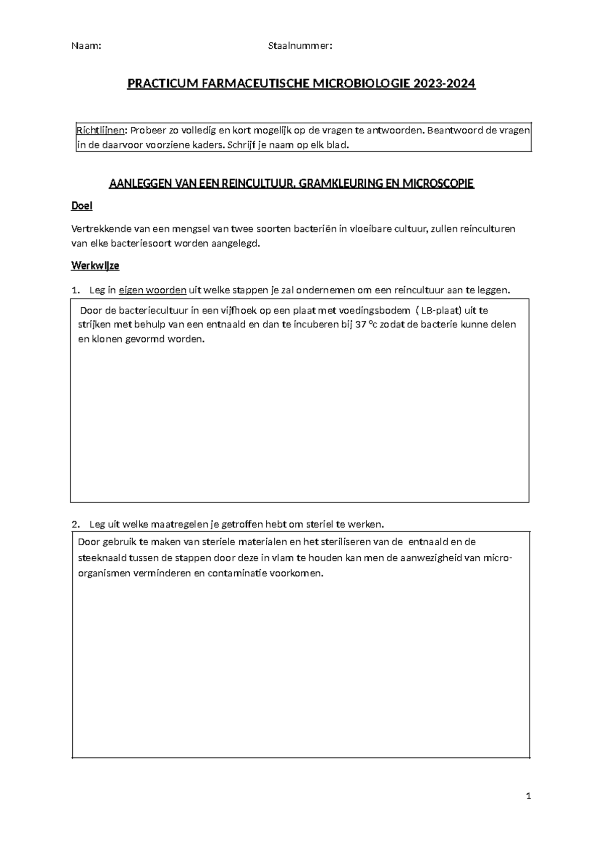 2023-2024 invulformulier reincultuur + gramkleuring - PRACTICUM FARMACEUTISCHE MICROBIOLOGIE ...