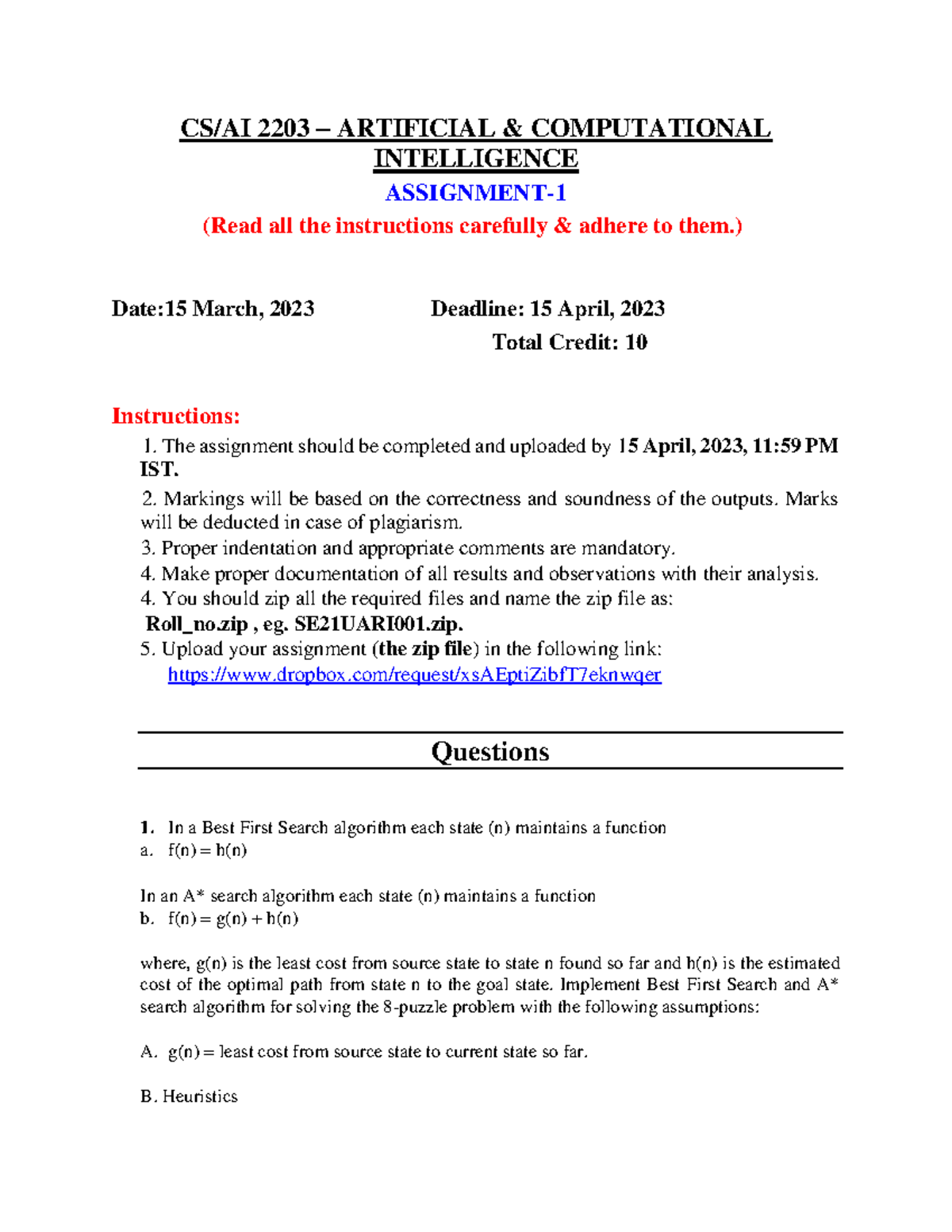 Assignment Cse Work Csai 2203 Artificial And Computational