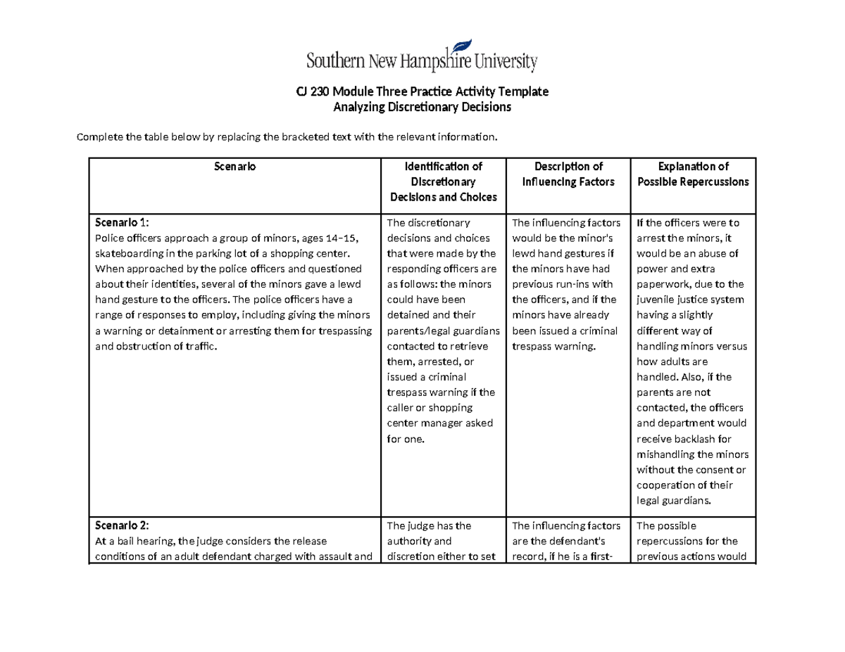 CJ 230 Module Three Practice Activity - Scenario Identification of ...