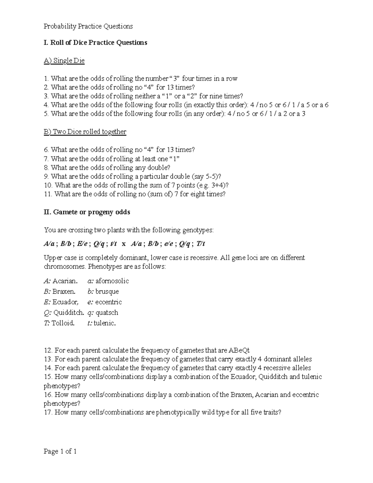 Probability Practice Questions BIOL 207 2022 Probability Practice