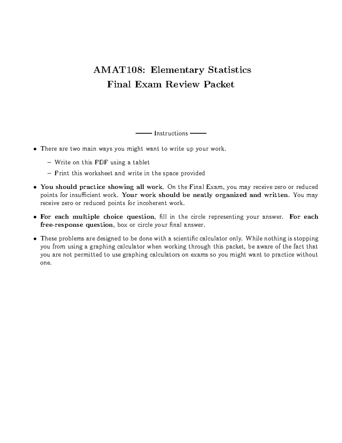 Final Exam Review Packet - AMAT108: Elementary Statistics Final Exam ...