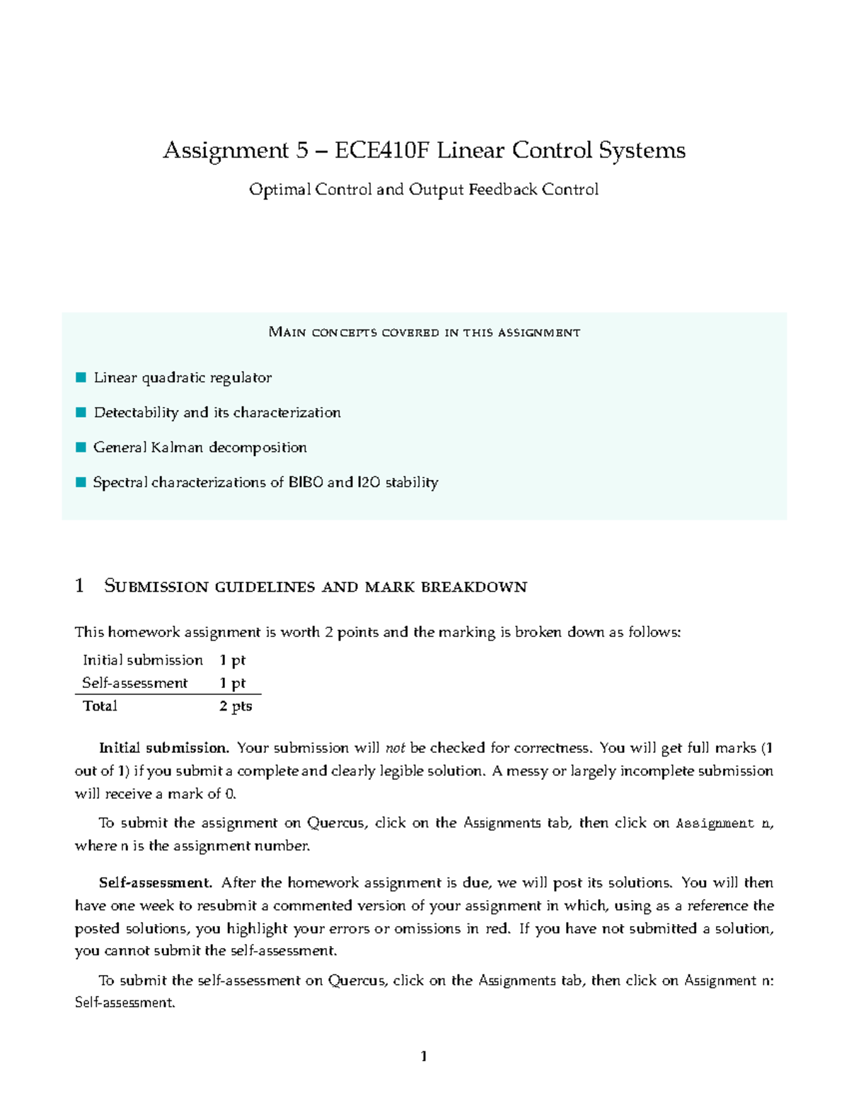 A5 - Assignment 5 - Assignment 5 – ECE410F Linear Control Systems Optimal Control and Output ...