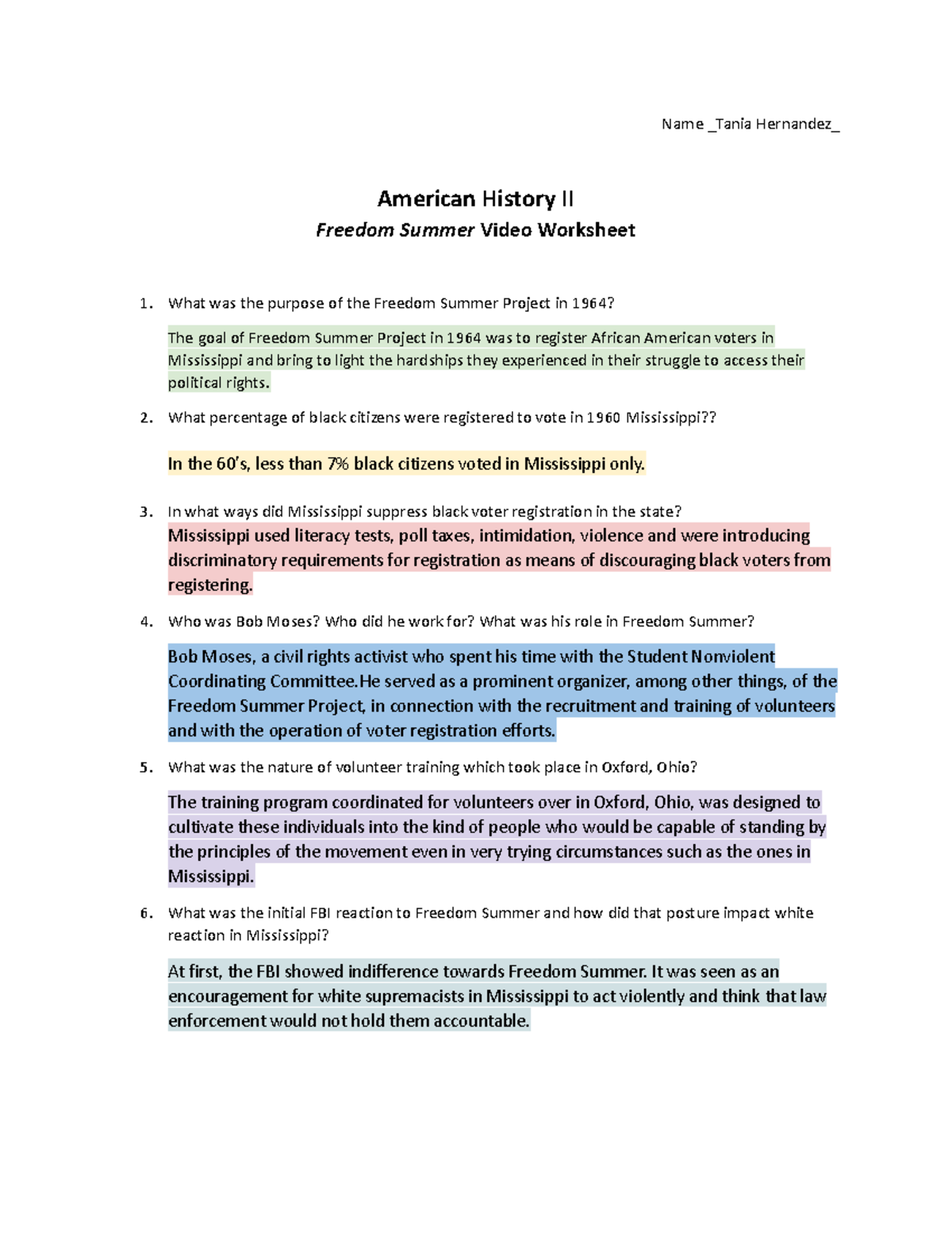 Freedom Summer worksheet - Name Tania Hernandez American History II ...
