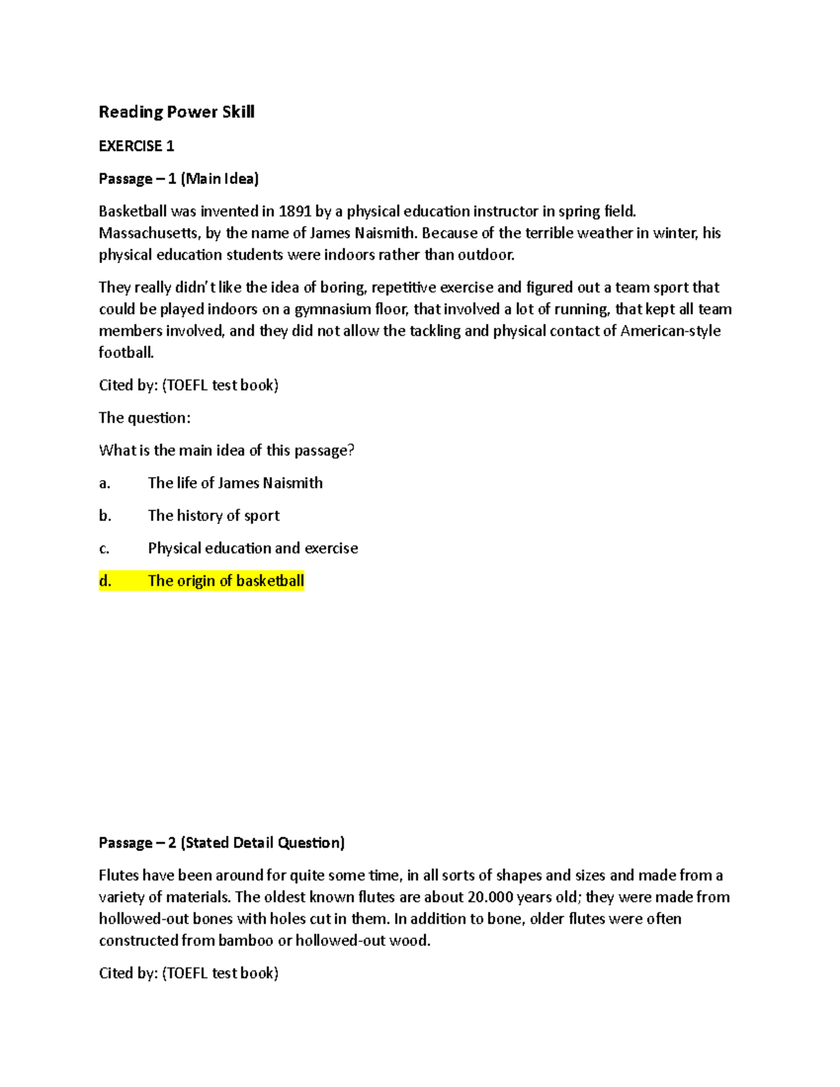 Reading Power Skill - task - Reading Power Skill EXERCISE 1 Passage – 1 ...