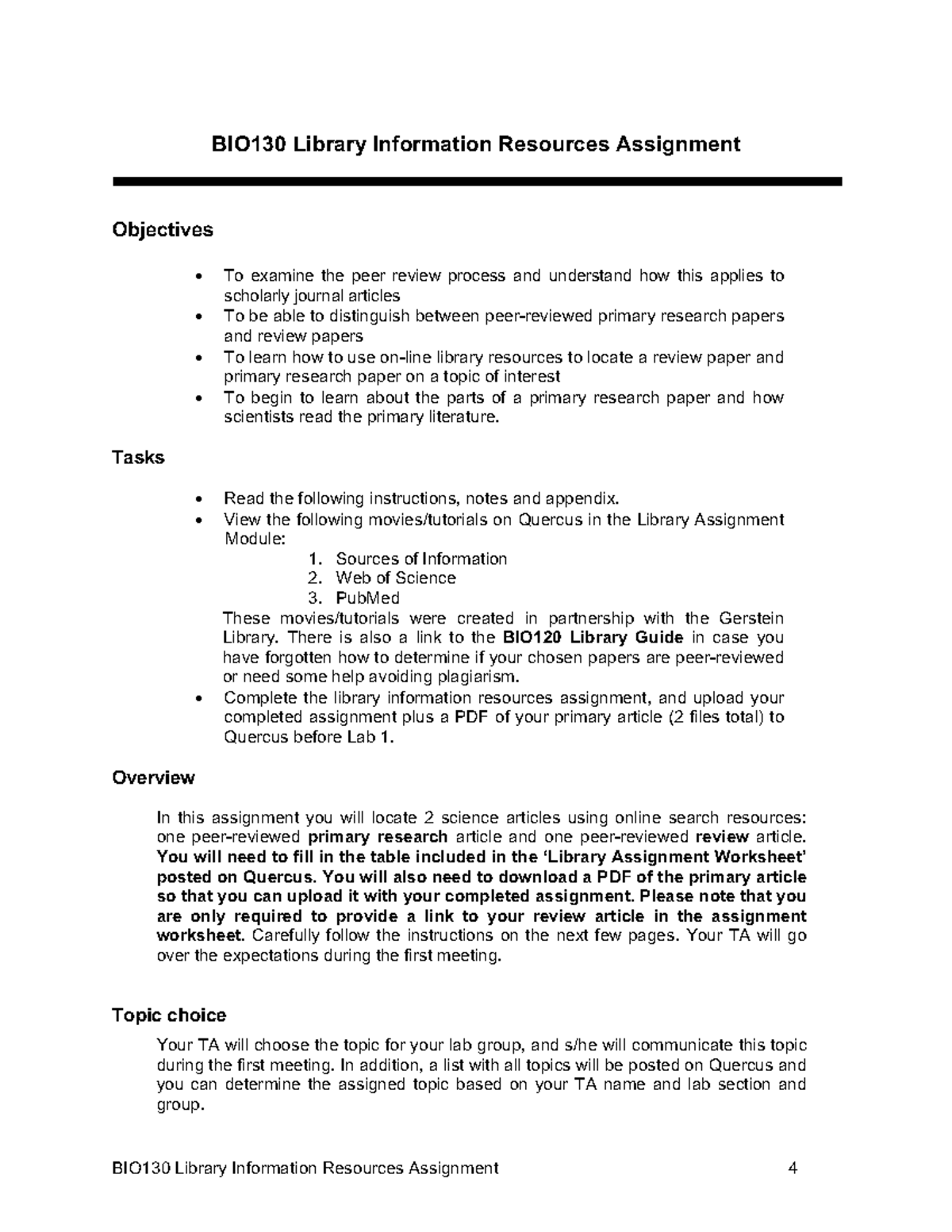1 Library Assignment Instructions 2019 - BIO 130 Library Information ...