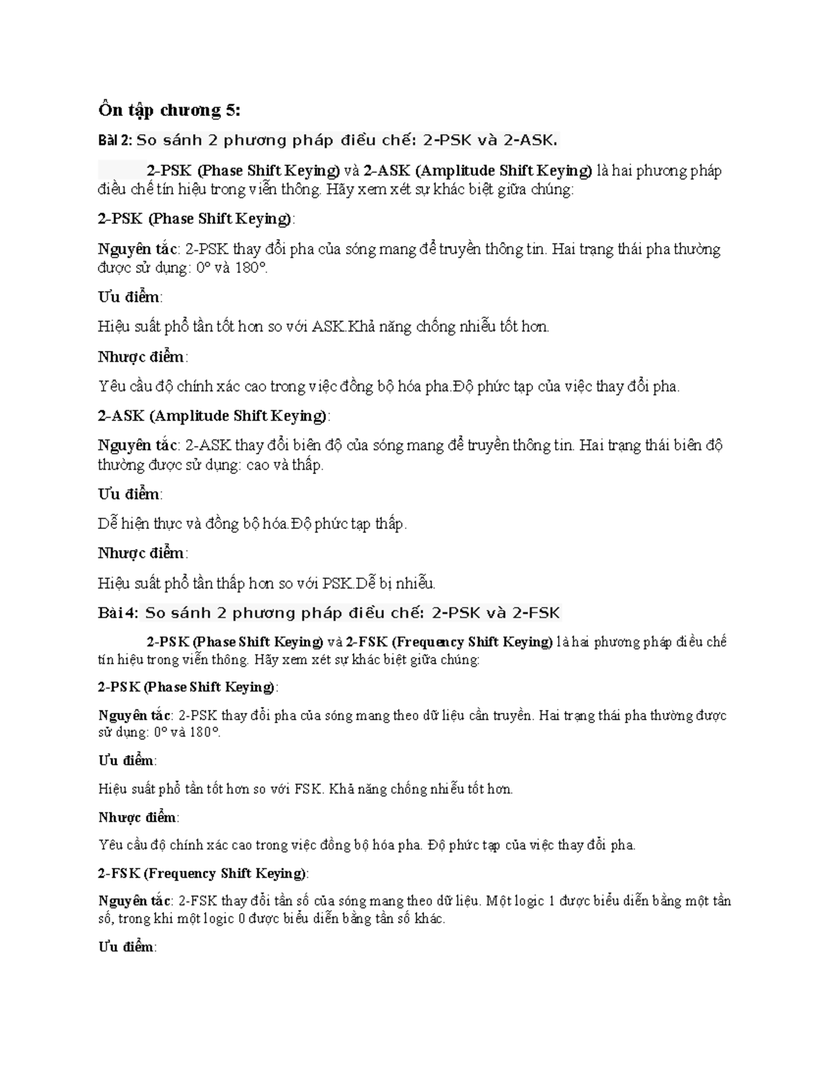 Ôn tập chương 5 - bổ ích - Ôn tập chương 5: Bài 2: So sánh 2 phương pháp điều chế: 2-PSK và ...