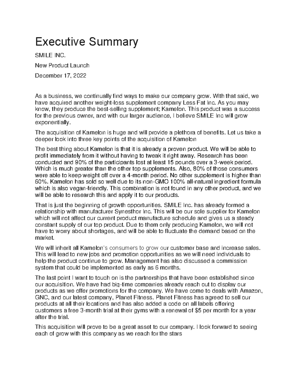 C204 EX summary - Executive Summary SMILE INC. New Product Launch ...