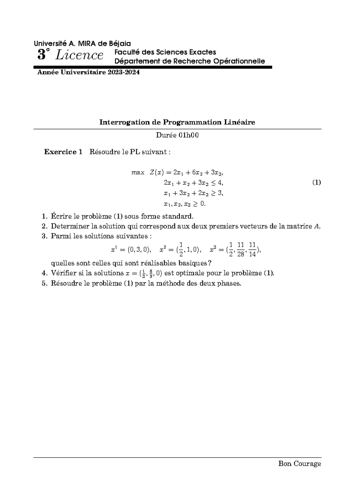 Interro 2023-2024 - Université A. MIRA de Béjaia 3 ̊ Licence Faculté des Sciences ...