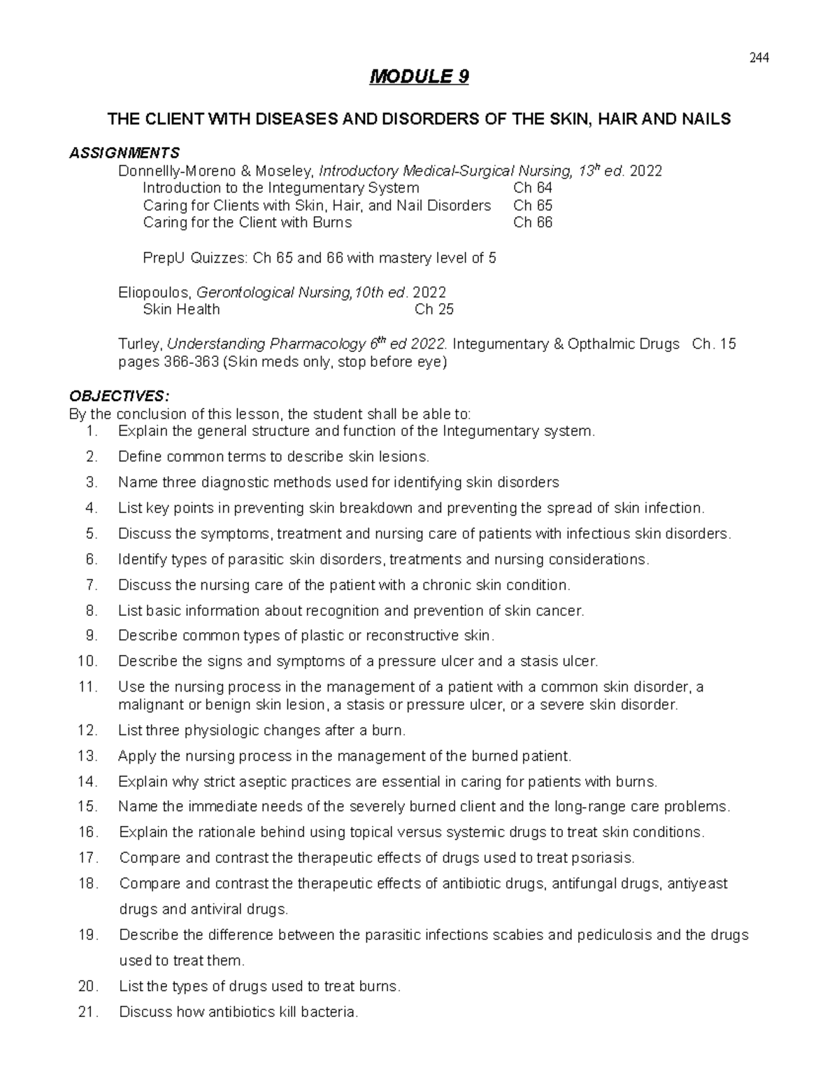 Module 9 Objectives Skin - MODULE 9 THE CLIENT WITH DISEASES AND ...