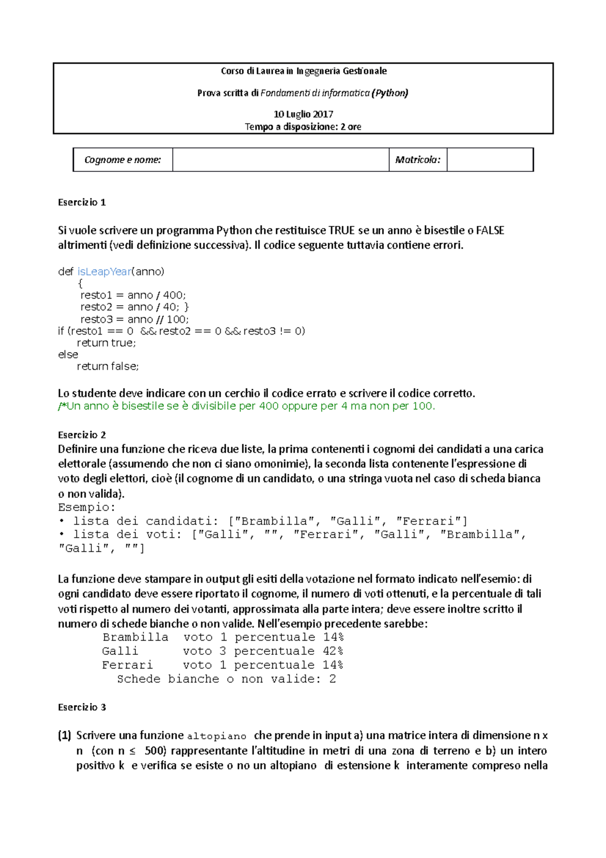 24 gennaio 2018 python - appello di fondamenti di informatica - Corso ...