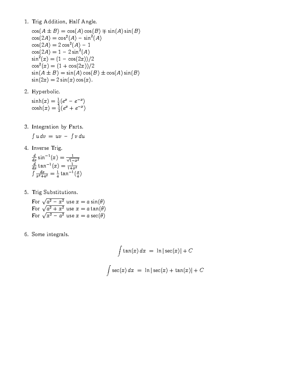 Math 2924 2015 formula sheet - 1. Trig Addition, Half Angle. cos(A ± B ...