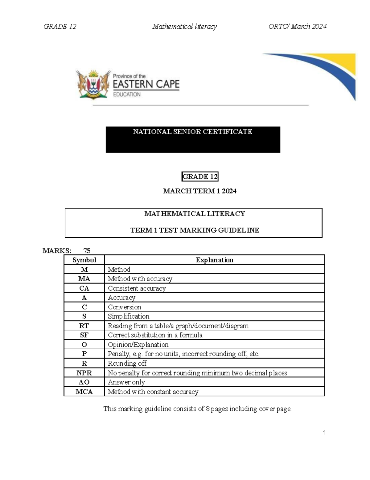 2024 GR 12 MEMO March TEST - NATIONAL SENIOR CERTIFICATE GRADE 12 MARCH ...
