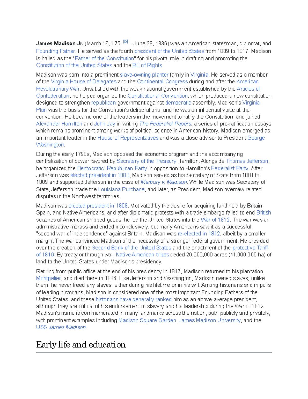 James Madison - n/a - James Madison Jr. (March 16, 1751[b] – June 28 ...