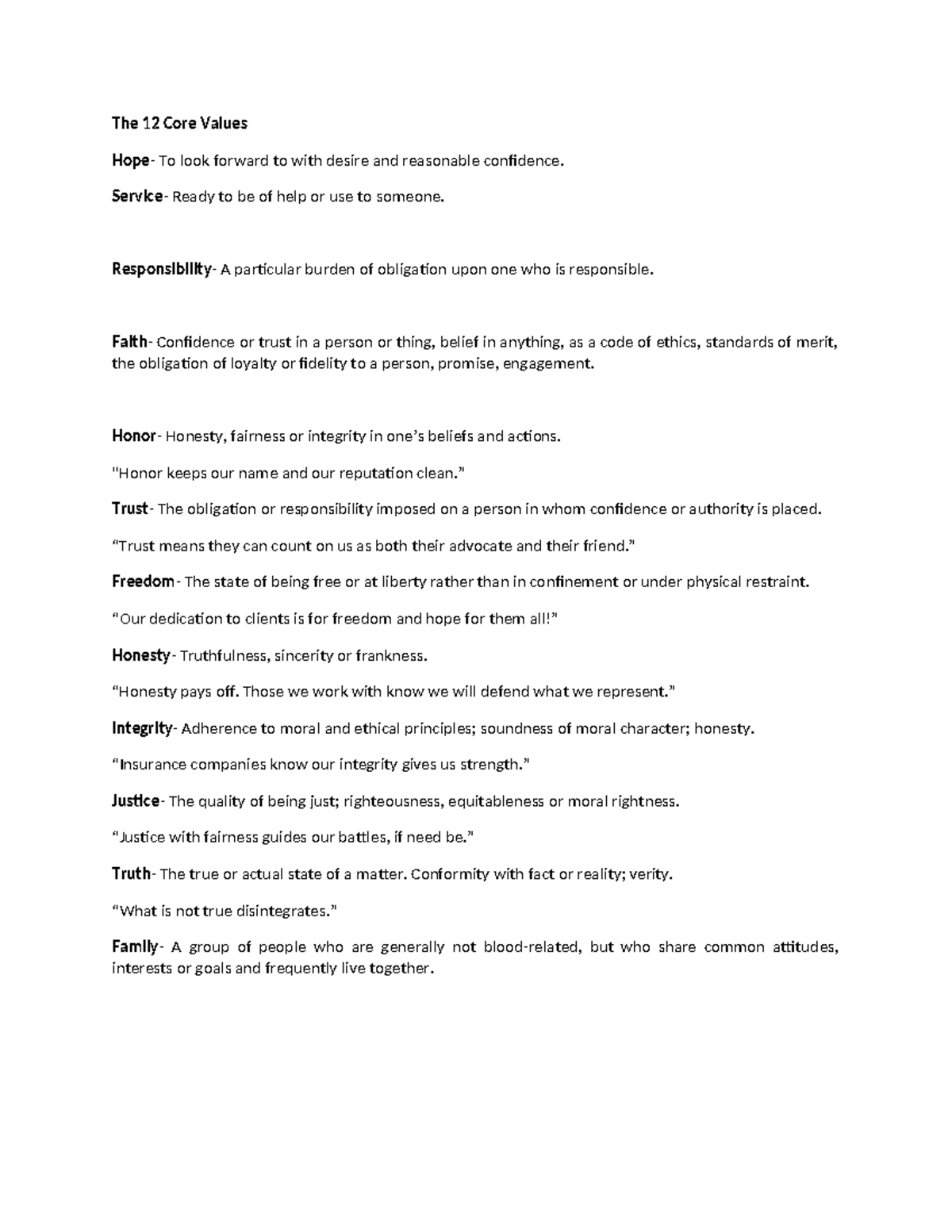 The 12 Core Val-WPS Office - The 12 Core Values Hope- To look forward ...