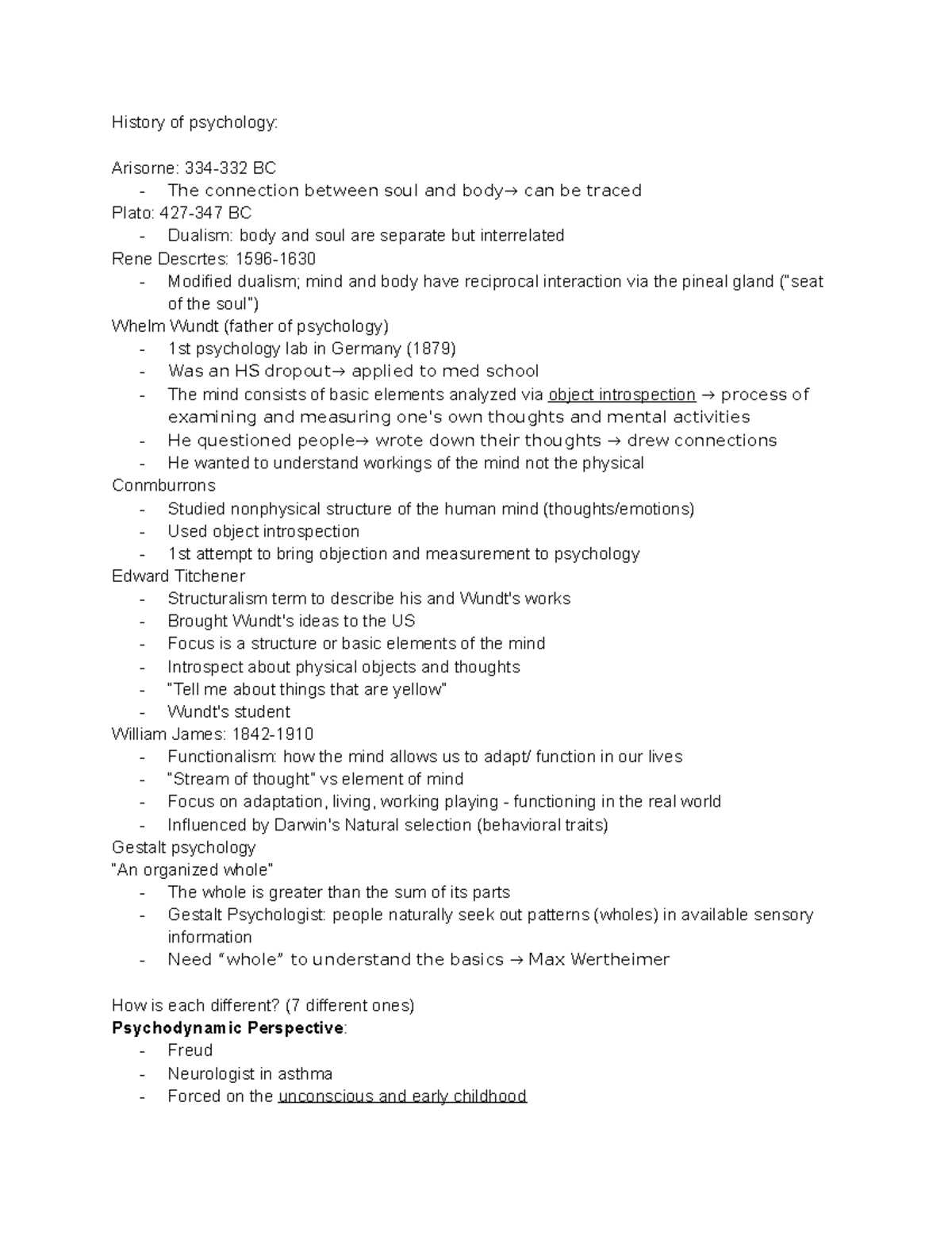Introduction to psychology exam 1 notes - History of psychology ...