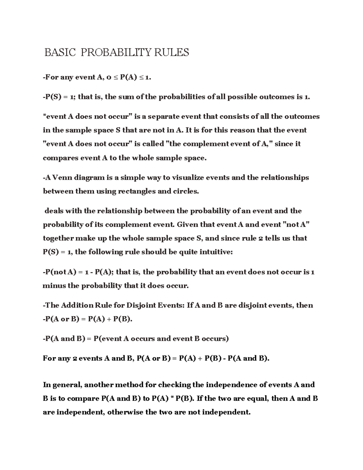 Basic Probabilty rules - BASIC PROBABILITY RULES -For any event A, 0 ≤ ...