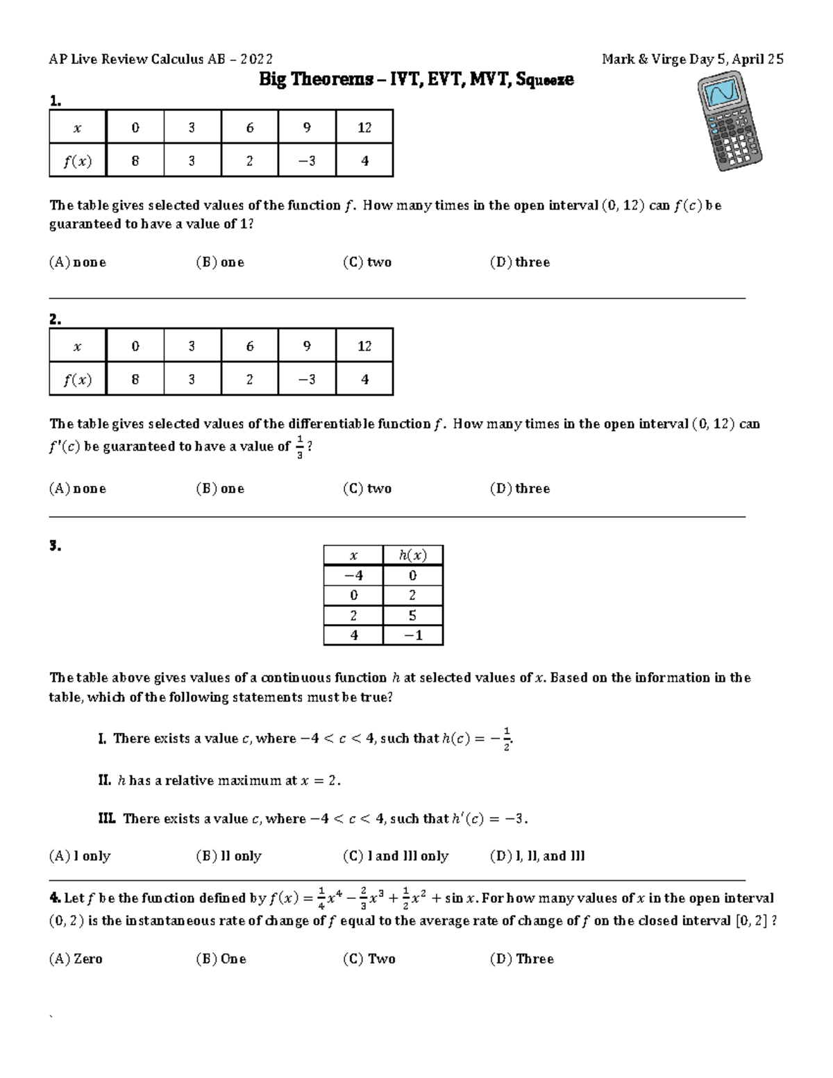 Day 5 - April 25 Big Theorems - AP Live Review Calculus AB – 2022 Mark ...