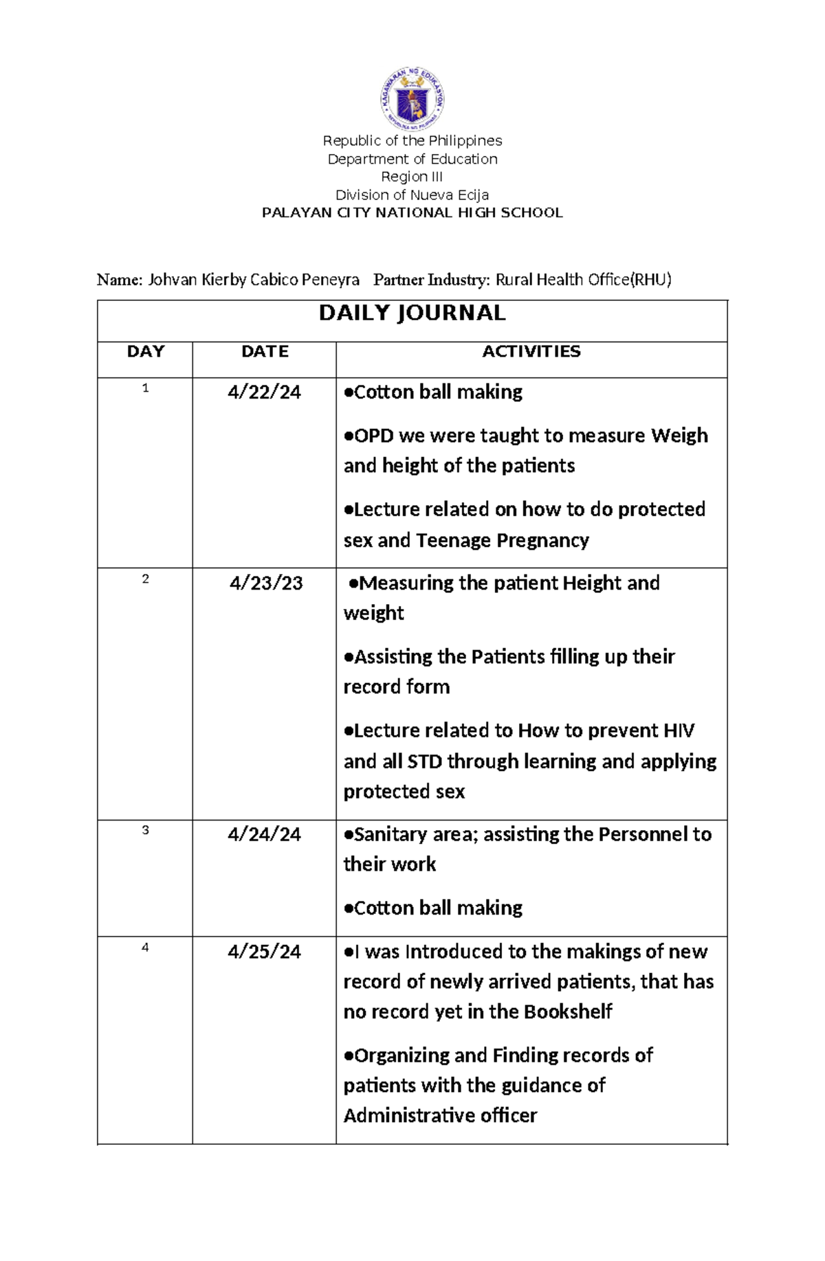 Daily- Diary immersion J - Republic of the Philippines Department of ...
