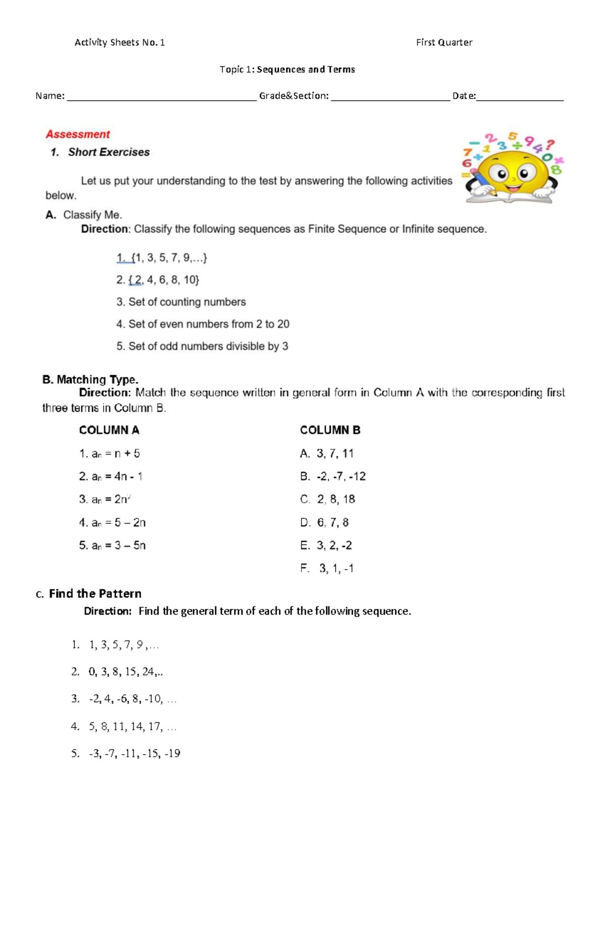 MATH 10 - Topic 1 - Needed for one subject - Activity Sheets No. 1 ...
