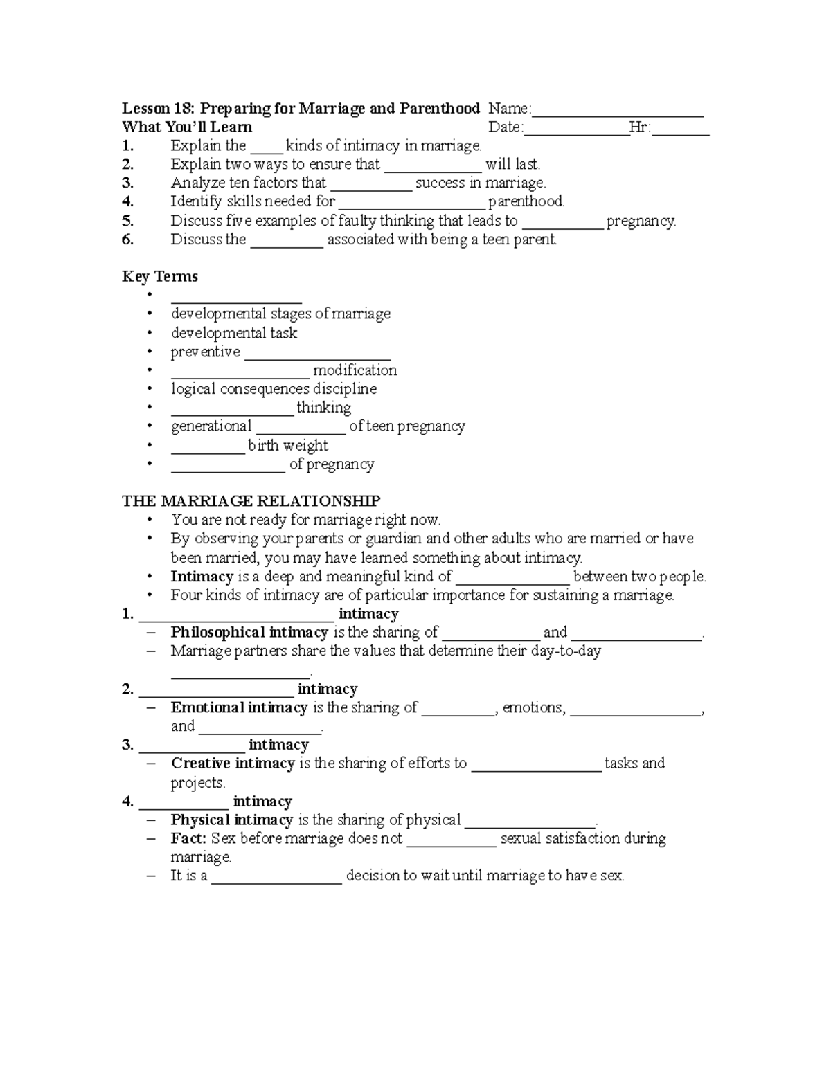 Lesson 18 PP Notes - Lesson 18: Preparing for Marriage and Parenthood ...