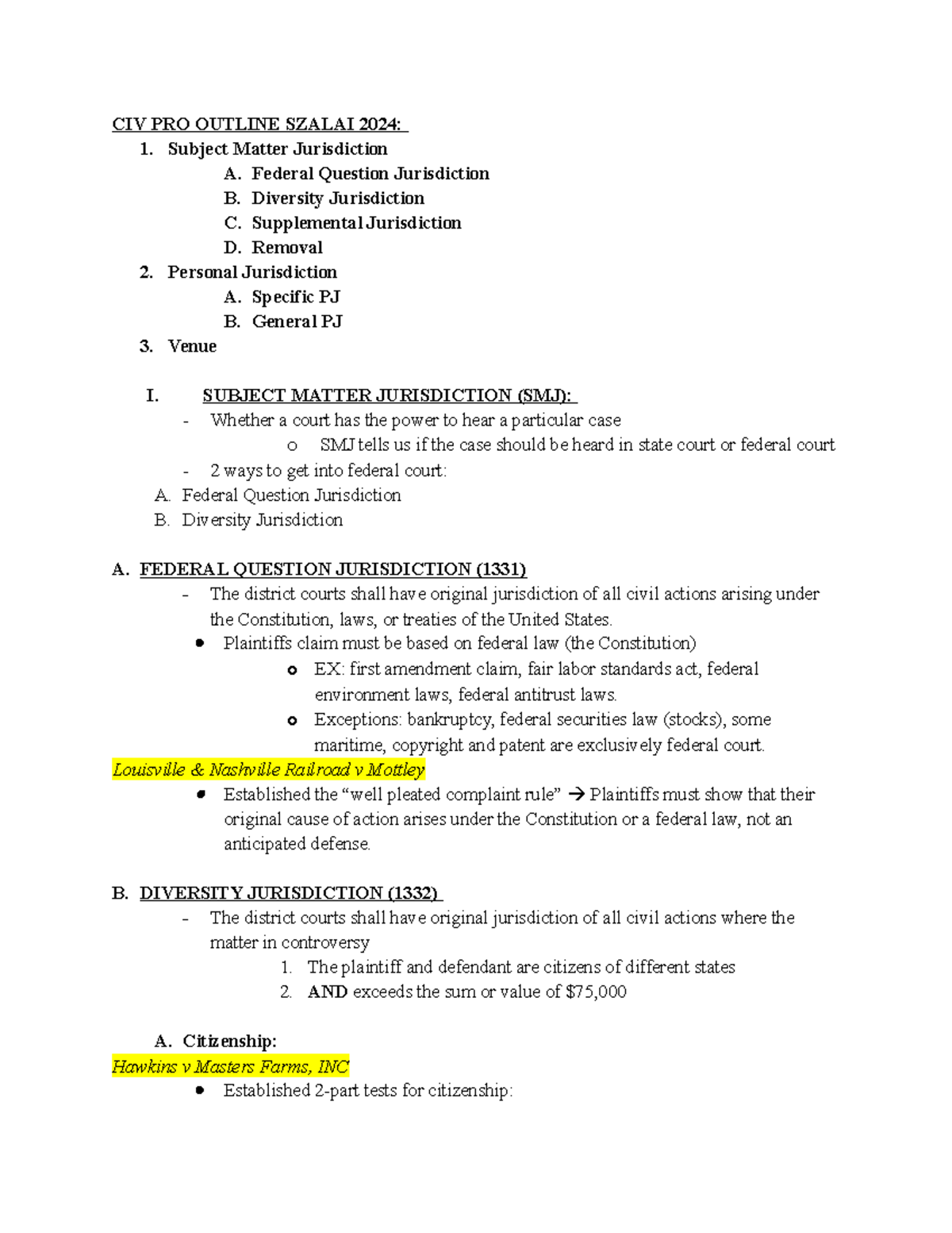Civ Pro Outline 2024 Szalai - CIV PRO OUTLINE SZALAI 2024: 1. Subject ...