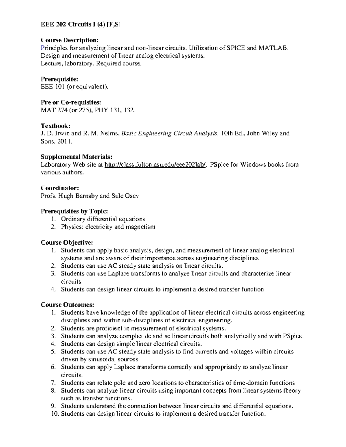 EEE 202 Cir I Fa12 - Syllabus - EEE 202 Circuits I (4) [F,S] Course Description: Principles for ...