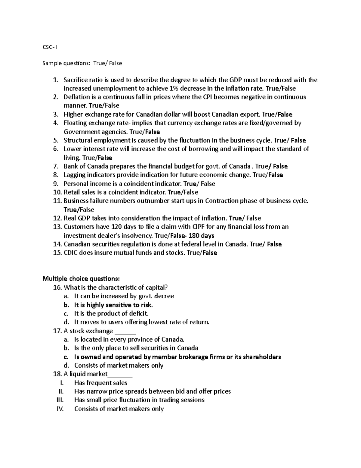 Sample questions-CSC-1 - CSC- I Sample questions: True/ False Sacrifice ...