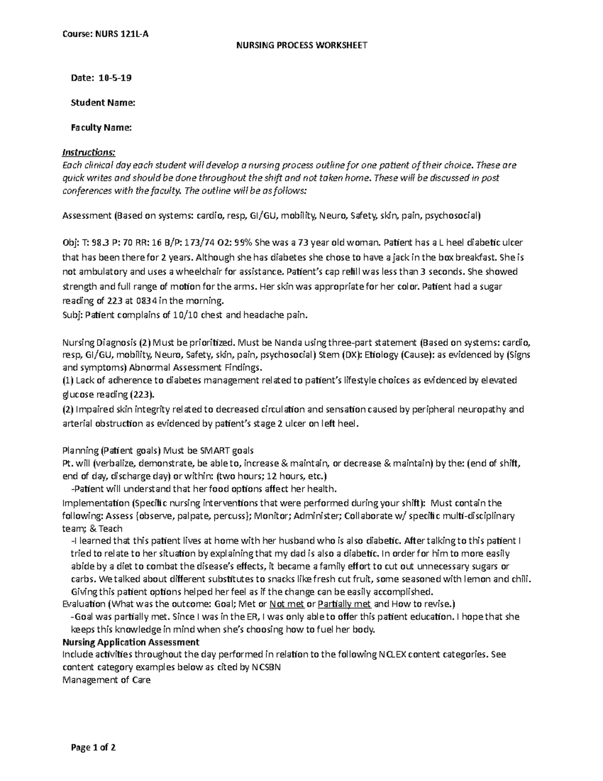 Week7 nursing process - Course: NURS 121L-A NURSING PROCESS WORKSHEET ...