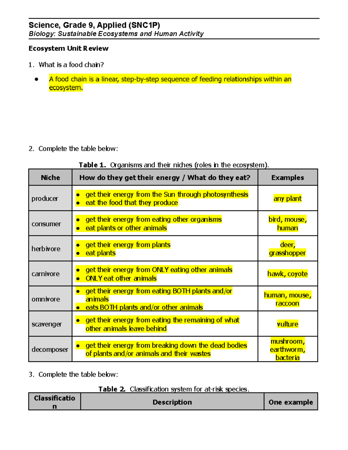 01A Ecosystem Unit Review (answers) - Science, Grade 9, Applied (SNC1P ...