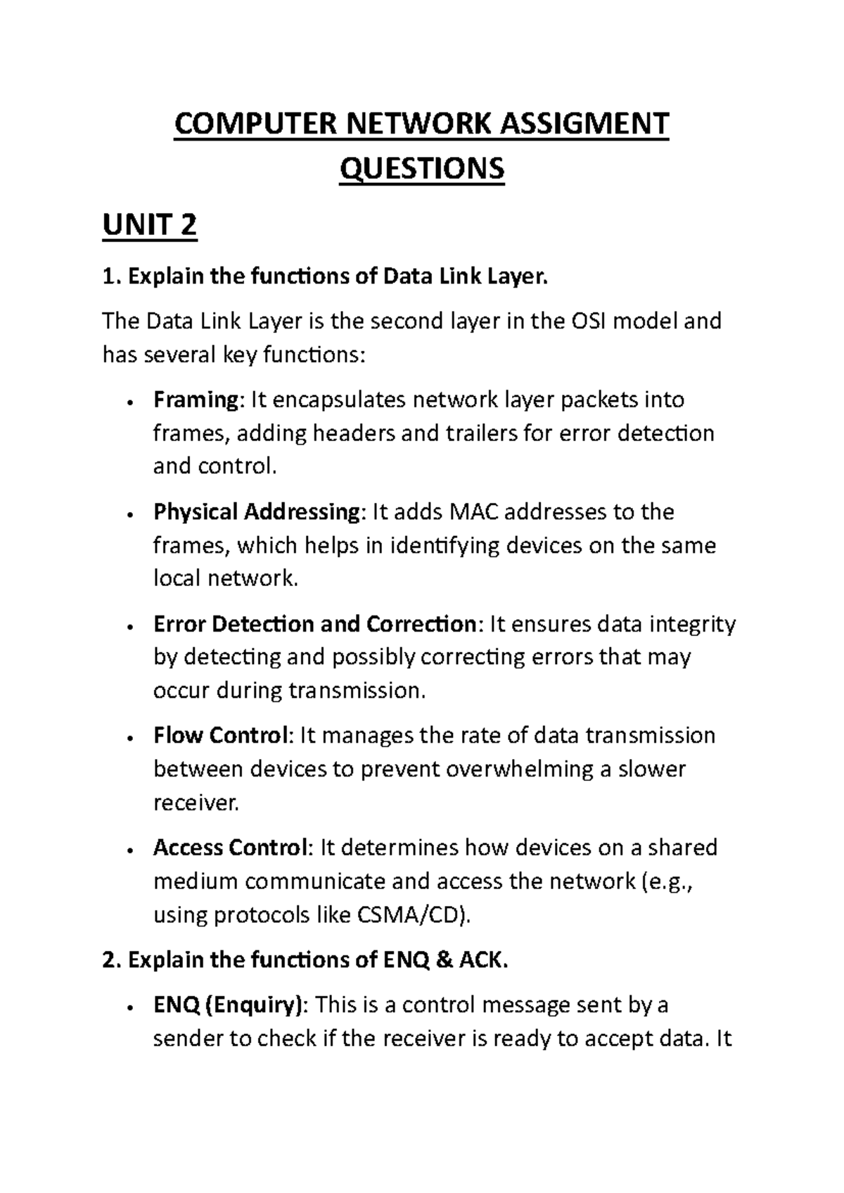 Computer Network Assigment Questions - COMPUTER NETWORK ASSIGMENT QUESTIONS UNIT 2 Explain the ...