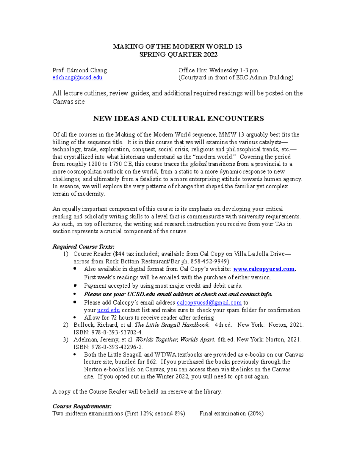 MMW 13 Course Syllabus (Sp. '22) - MAKING OF THE MODERN WORLD 13 SPRING ...