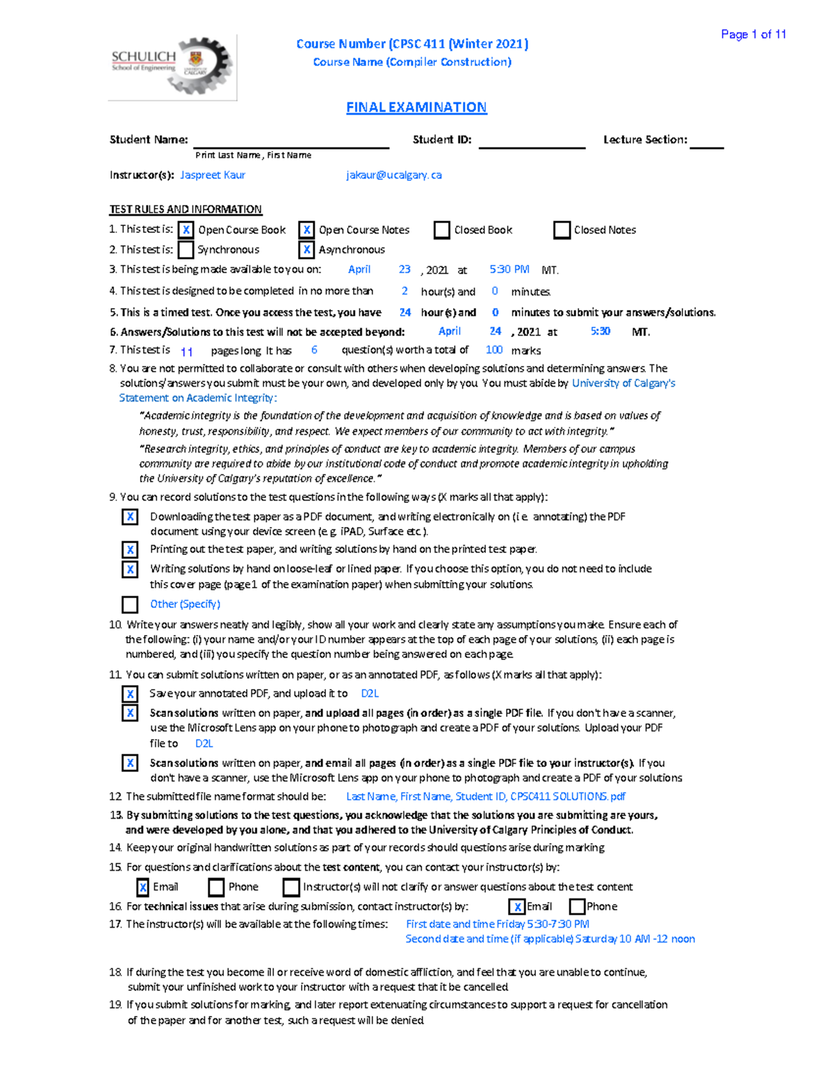 Final Exam CPSC411 2021 - X Open Course Book X Open Course Notes Closed ...